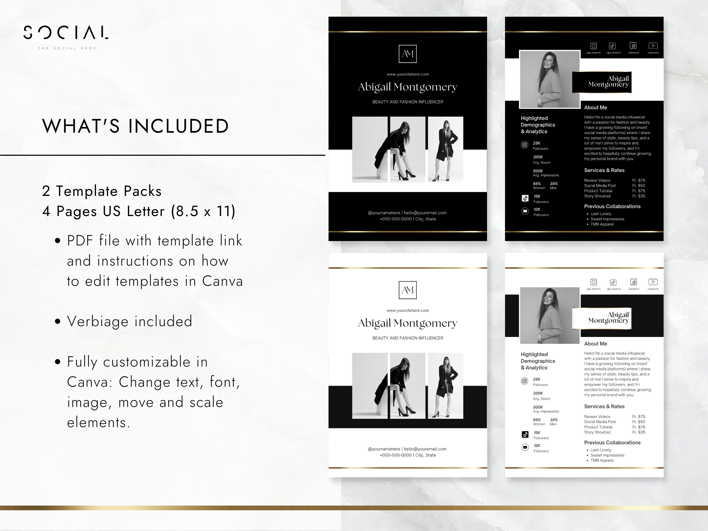 2 Pack BW & Gold Media Kit Canva Template Instagram Media Kit ...