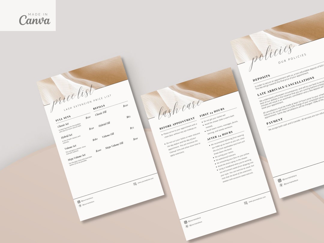 Lash Extension Forms – Aftercare, Policies, Price List, Beige Instagram ...