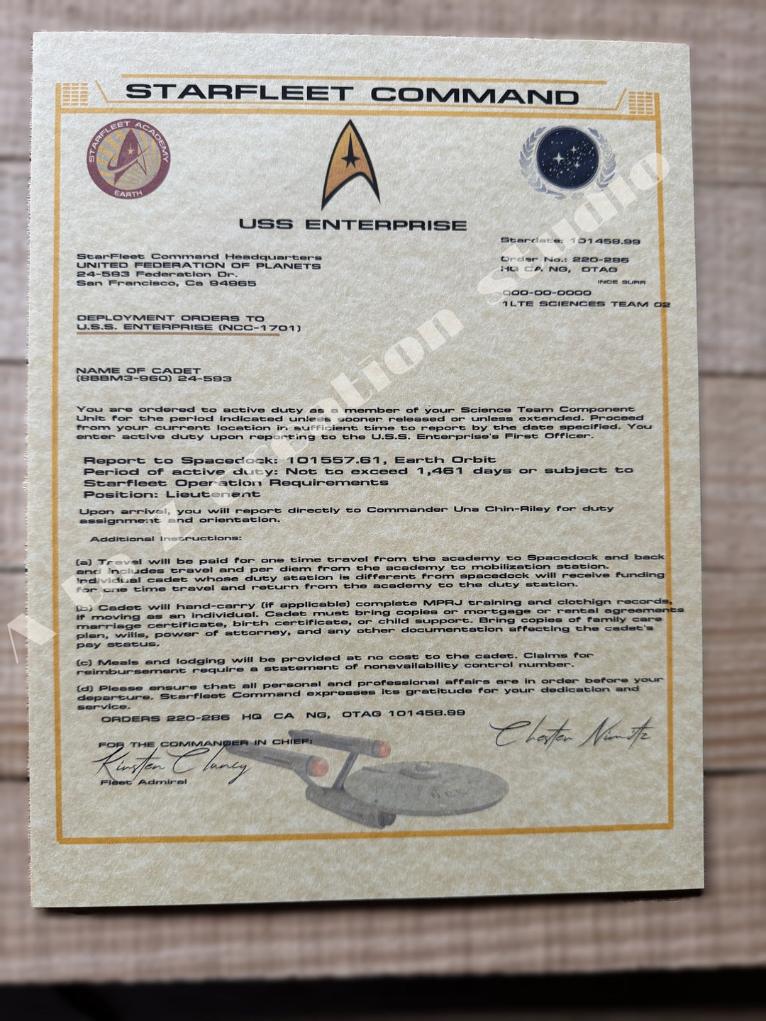 Customized Starfleet Deployment Orders to USS Enterprise, Mission ...