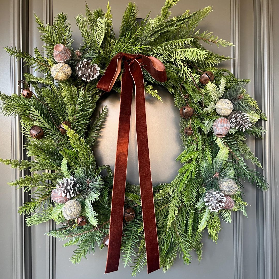 Winter Greenery Wreath: Faux Walnut, Jingle Bells, Pine Cones - Etsy