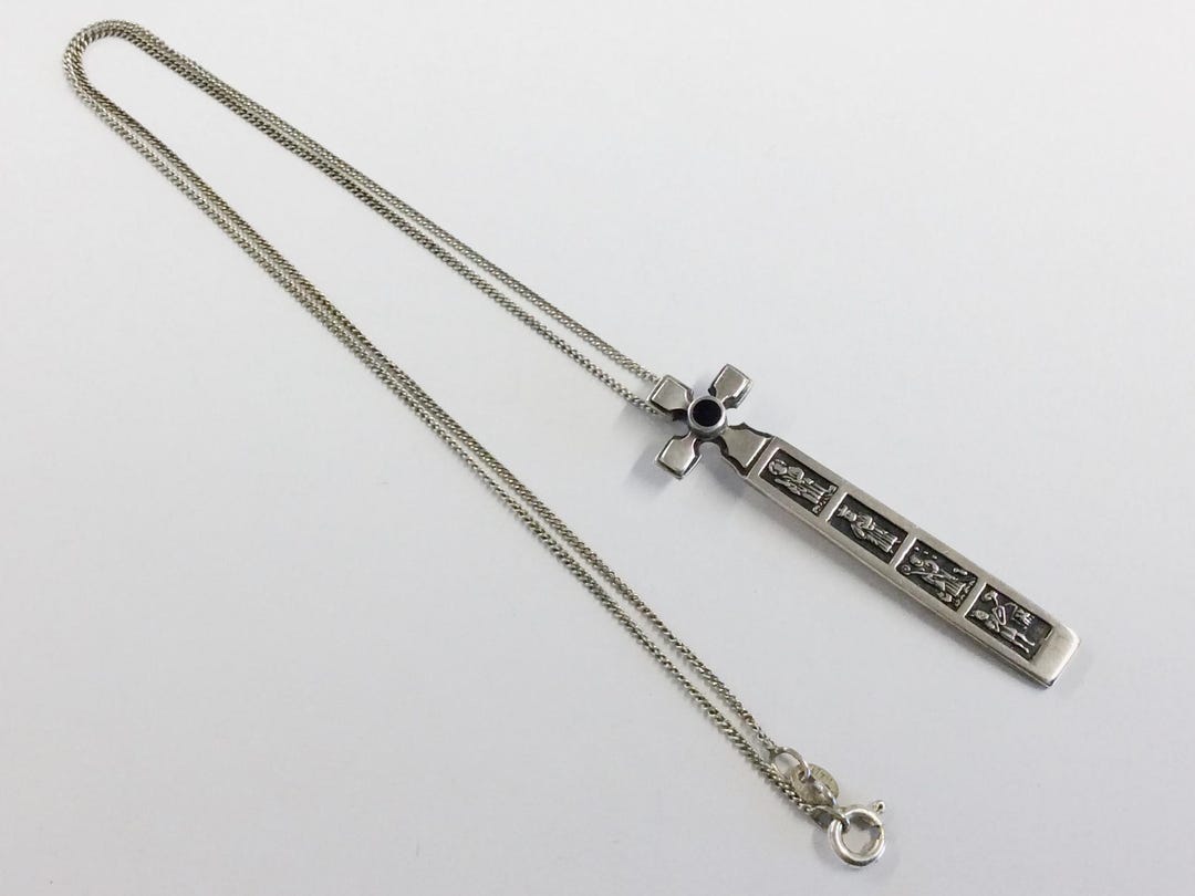 Retro Sterling Silver & Whitby Jet Caedmon Cross Pendant Necklace Circa ...