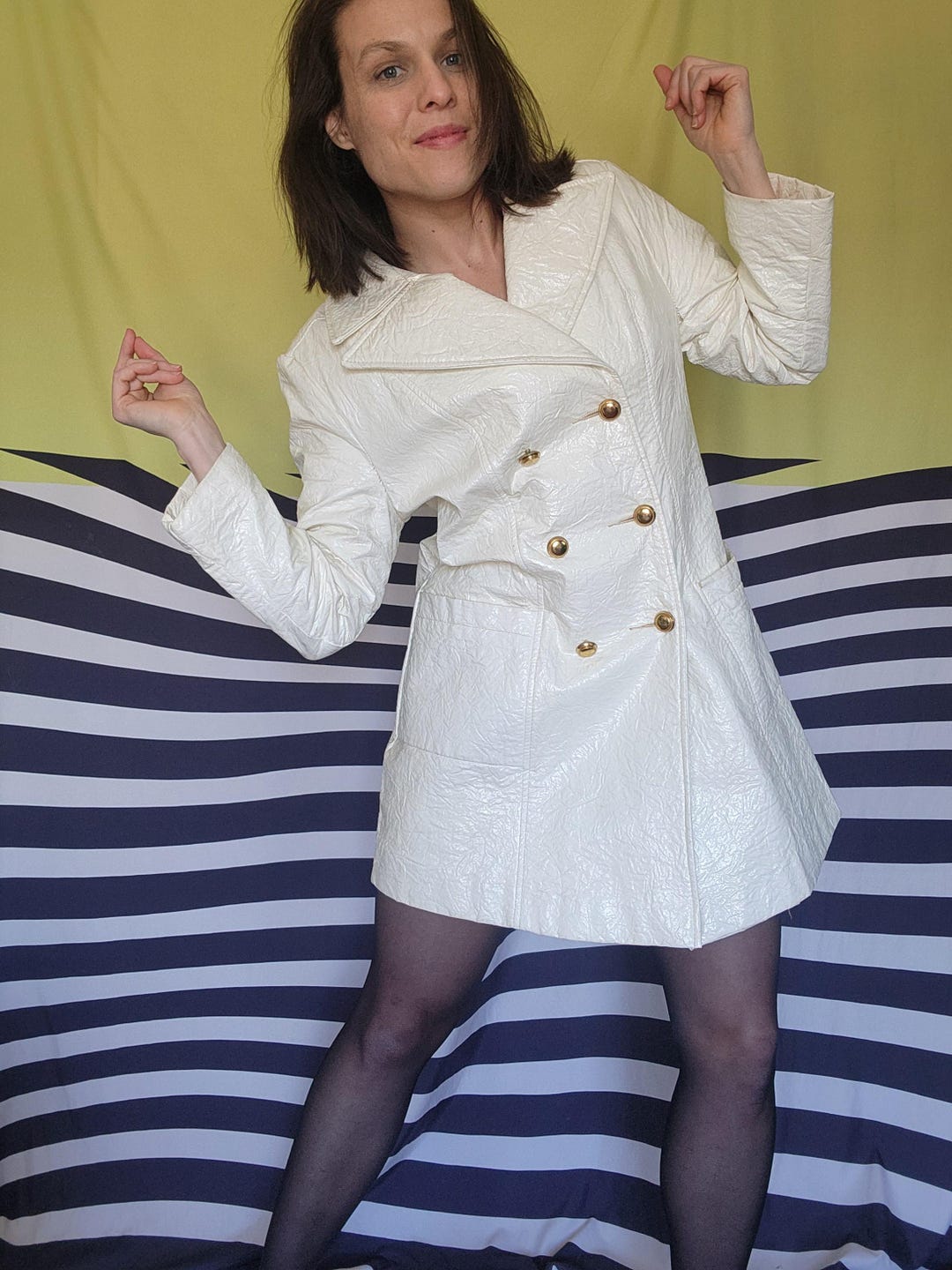 70's Mod White Crinkle Vinyl Double Breasted Coat - Etsy