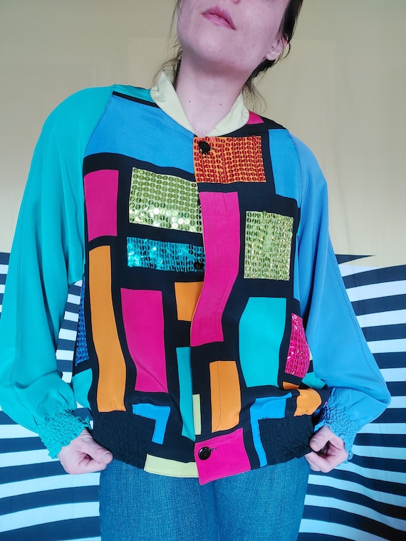 90's Colorblock Silk Bomber Jacket - Gem