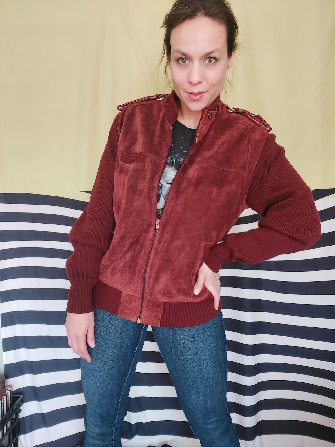 80's Men's Member's Only Style Suede/knit Burgundy Zip up Jacket - Etsy