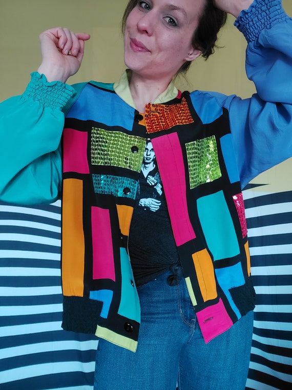 90's Colorblock Silk Bomber Jacket - Gem