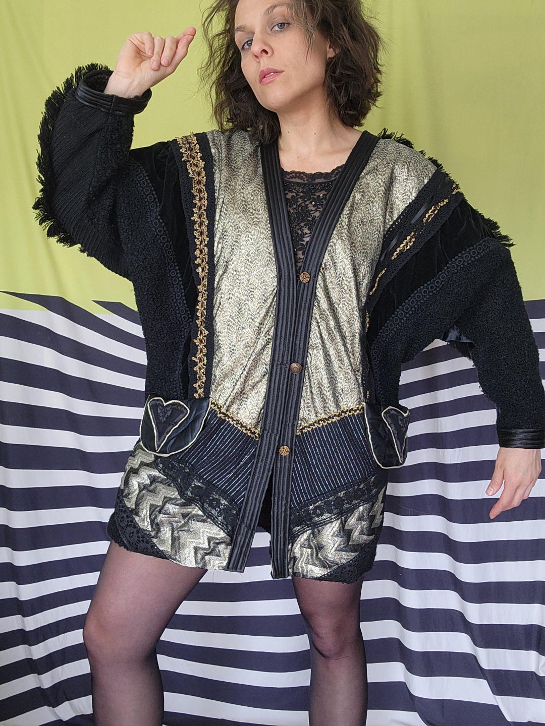 80’s Marisa Martin Black and Gold Patchwork Oversized Coat - Etsy