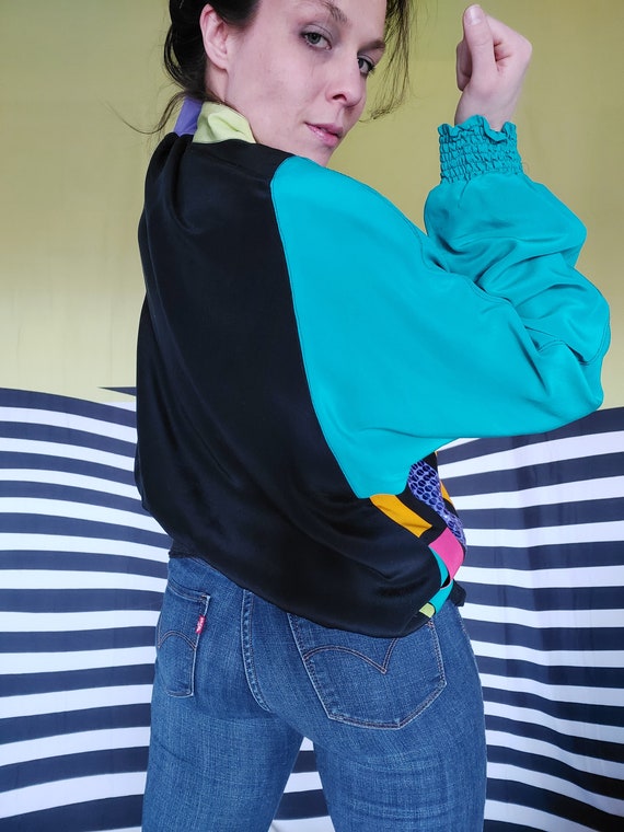 90's Colorblock Silk Bomber Jacket - Gem