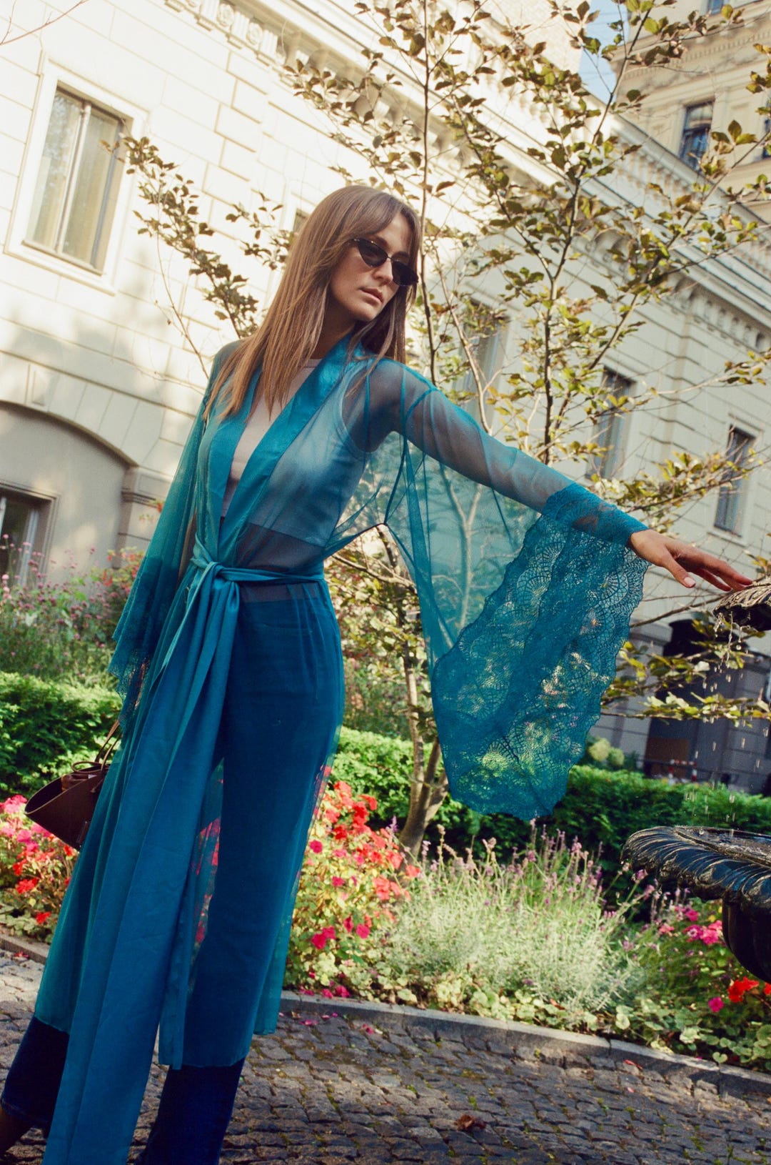 Teal Full Length Sheer Mesh Kimono | Robe With Lace Detail ...