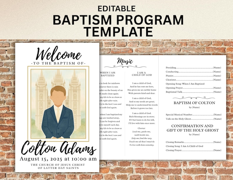 LDS Baptism Program Canva Template, Editable Baptism Program, LDS Boy ...