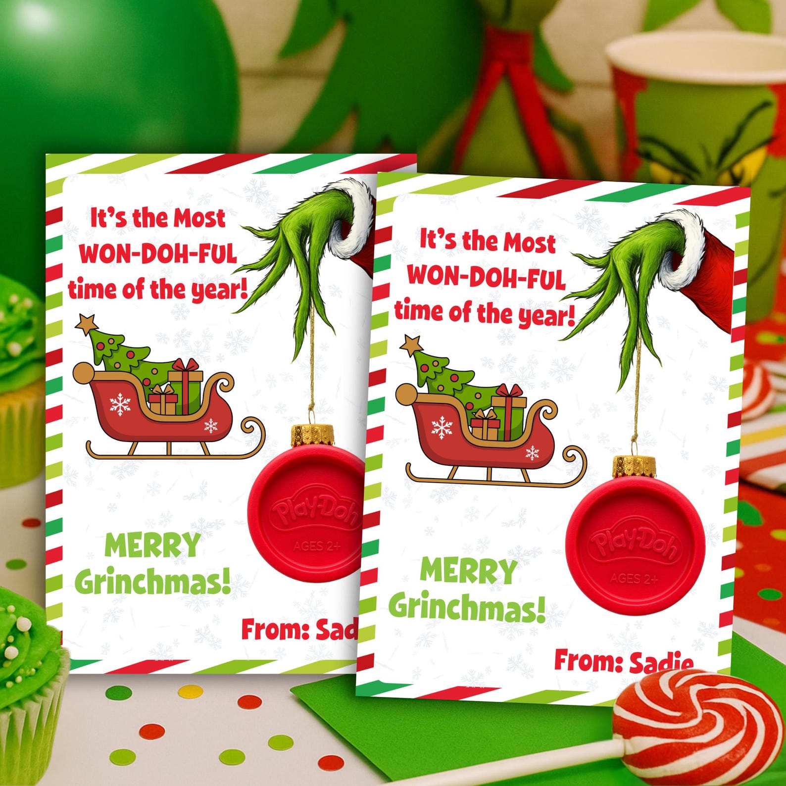 Grinch Christmas Play-doh Favor Tag – Editable Canva Template – Digital ...