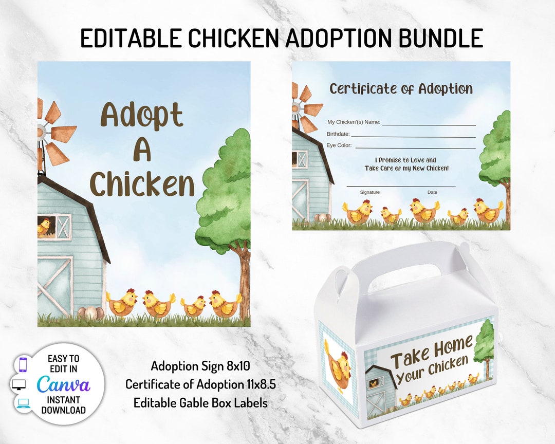 Editable Chicken Adoption Bundle: Certificate, Labels (instant Download ...