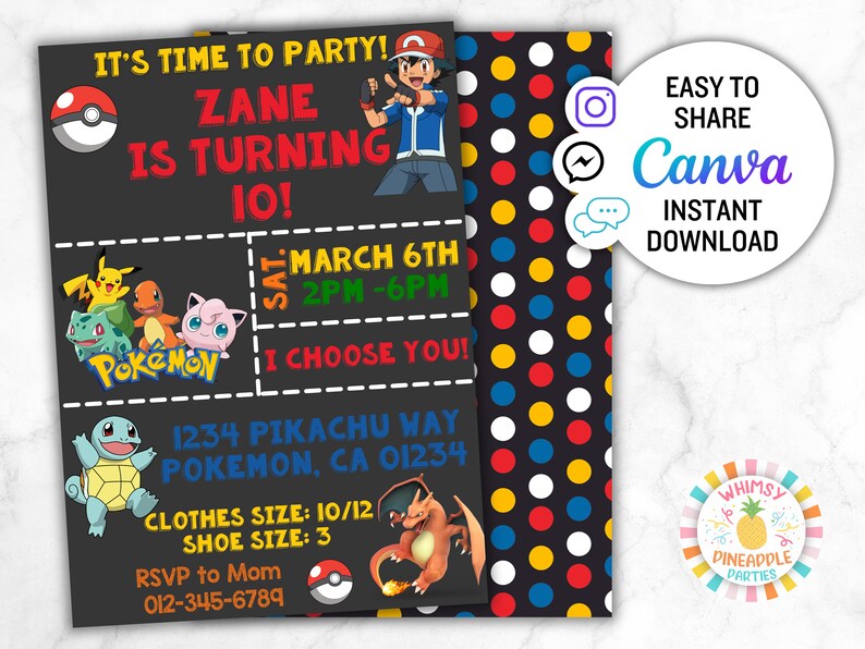 Pokemon Invitation, EDITABLE INSTANT DOWNLOAD, Pokemone, Pikachu, Ash ...