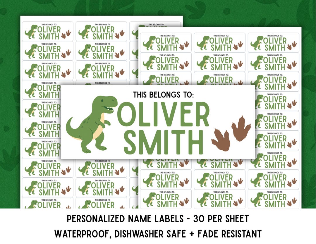 Dinosaur Name Labels: Waterproof T-rex Kids School Stickers, 30 per ...