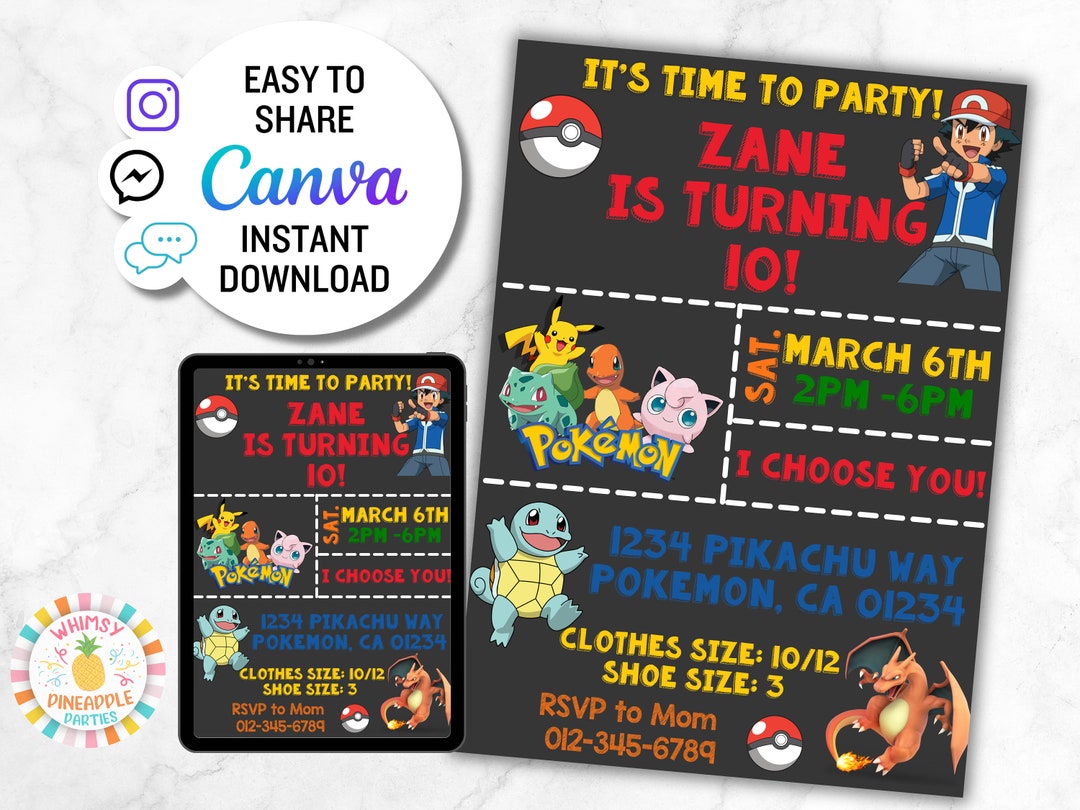 Invitación Pokémon DESCARGA INSTANTÁNEA EDITABLE Pokemone - Etsy España