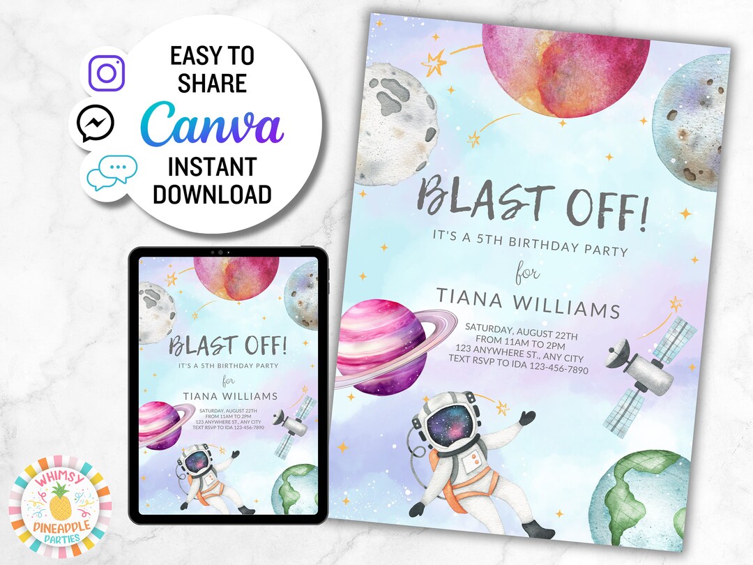 Pastel Blast off Space Invitation, EDITABLE INSTANT DOWNLOAD, Outer ...