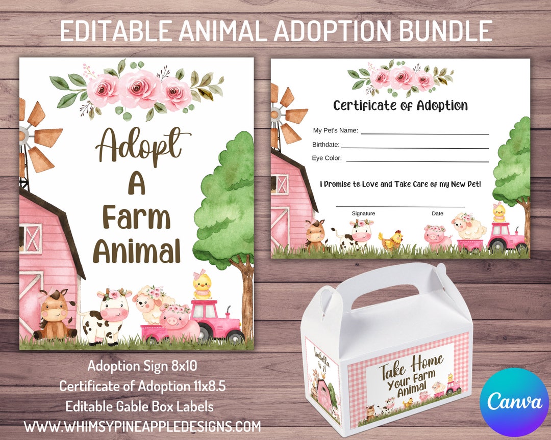 Editable Pink Farm Animal Adoption Bundle, INSTANT DOWNLOAD ...
