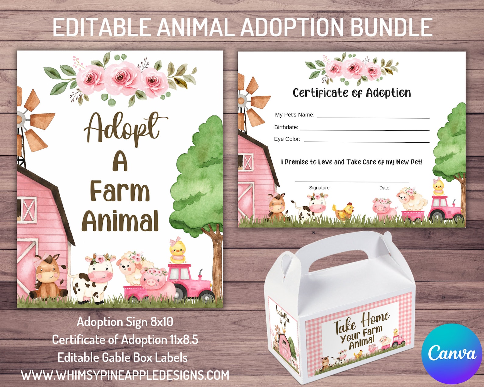 Editable Pink Farm Animal Adoption Bundle, INSTANT DOWNLOAD ...