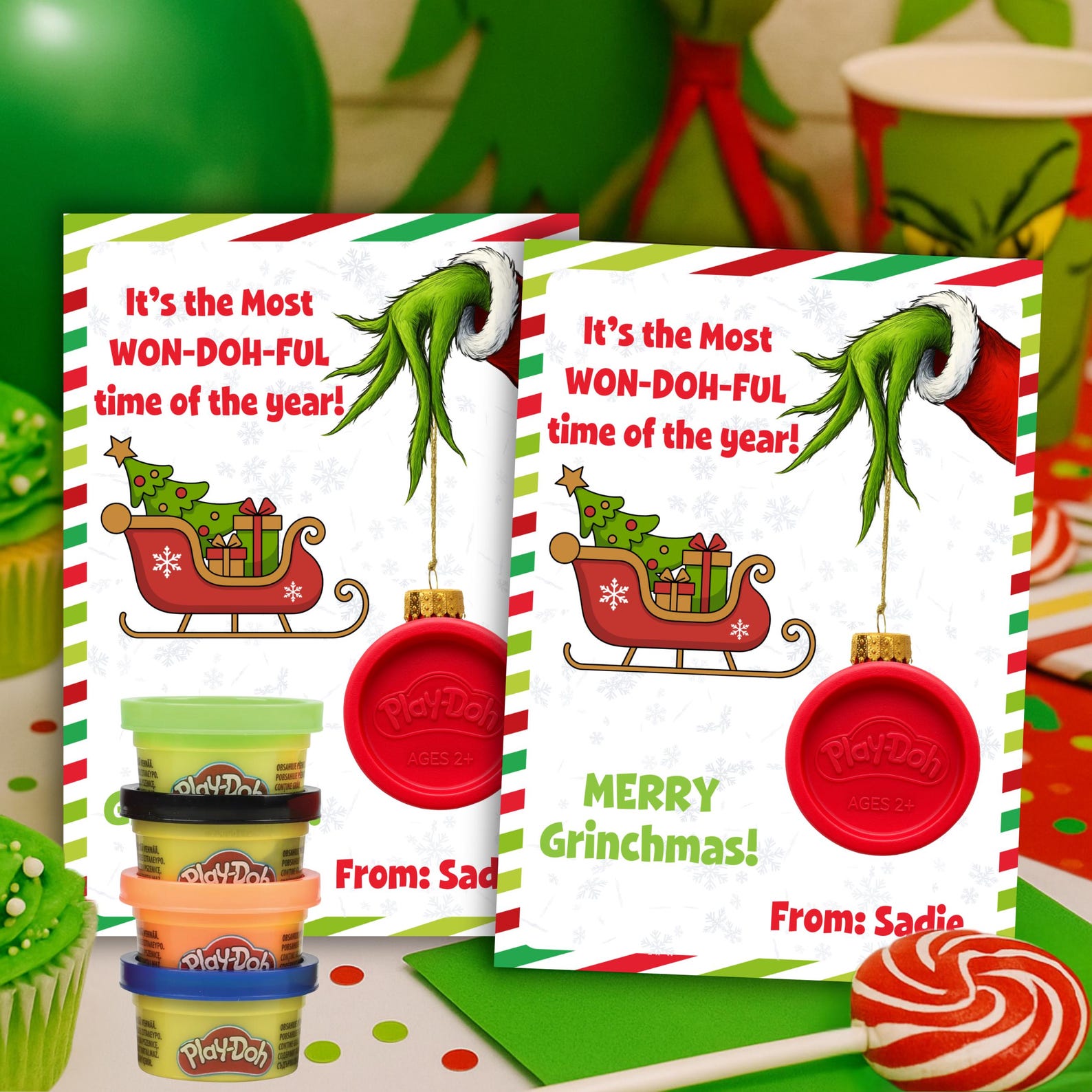 Grinch Christmas Play-doh Favor Tag – Editable Canva Template – Digital ...