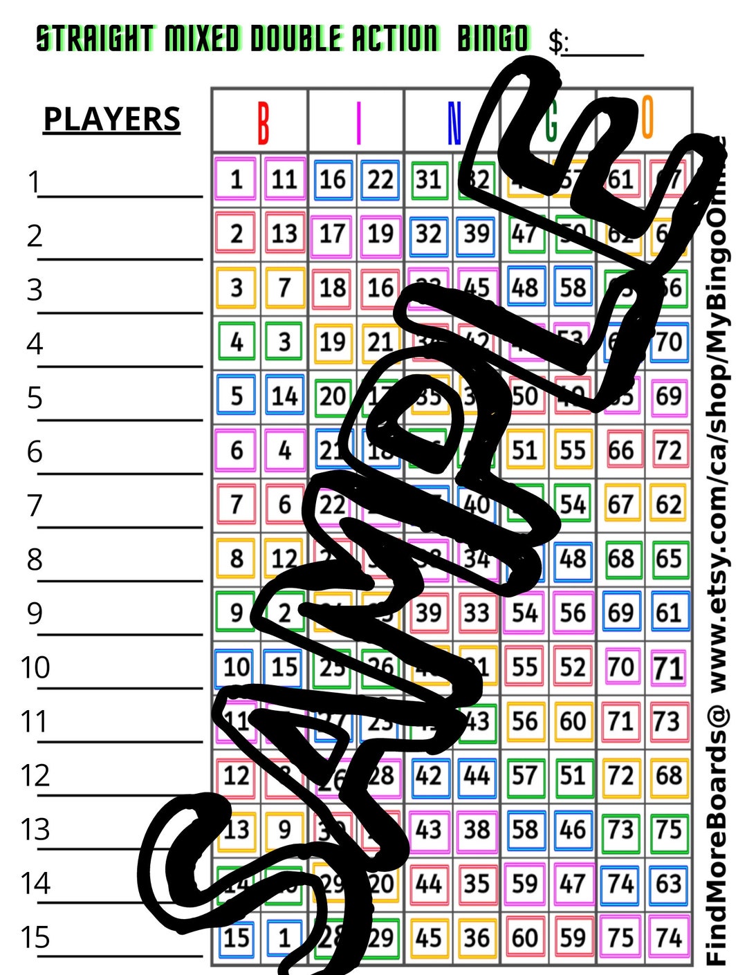 Double Action Straight Mixed Facebook Bingo Sheet 15 Line 75 Ball Mixed ...
