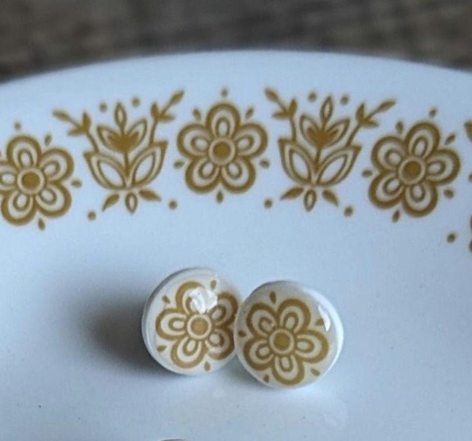 Upcycled Corelle Earrings: Butterfly Gold China Studs, Eco-friendly ...