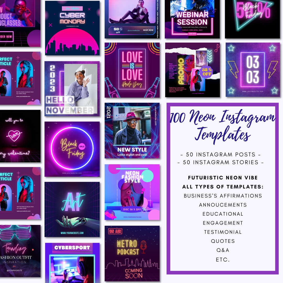 100 Neon Instagram Templates, 50 Instagram Posts, 50 Instagram Stories ...