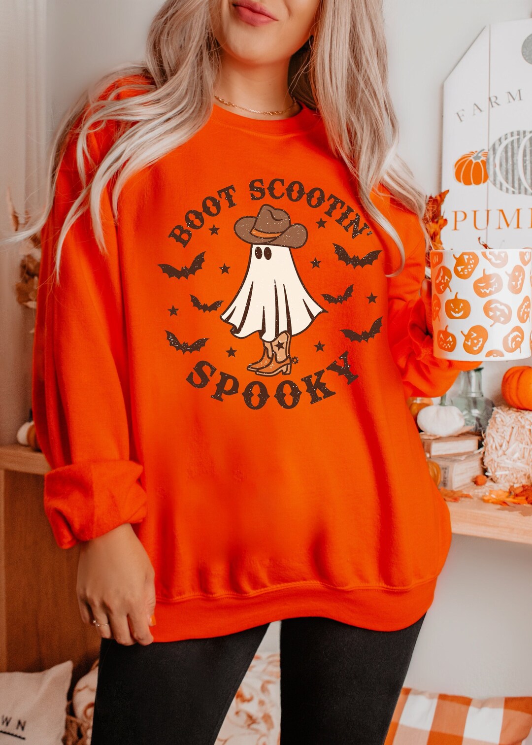 Retro Boot Scootin Spooky Halloween Sweatshirt, Spooky Ghost, Lets Go ...