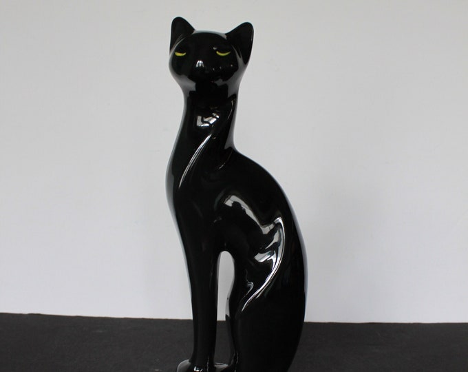 Vintage Black Cat Statue Black Sitting Ceramic Cat Sleek Mid Century Modern Elegant