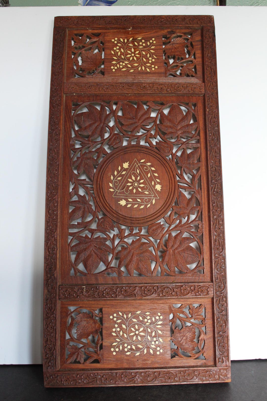 Vintage Wooden Inlay Indian Window or Door Panel. Hand Carved Wood ...