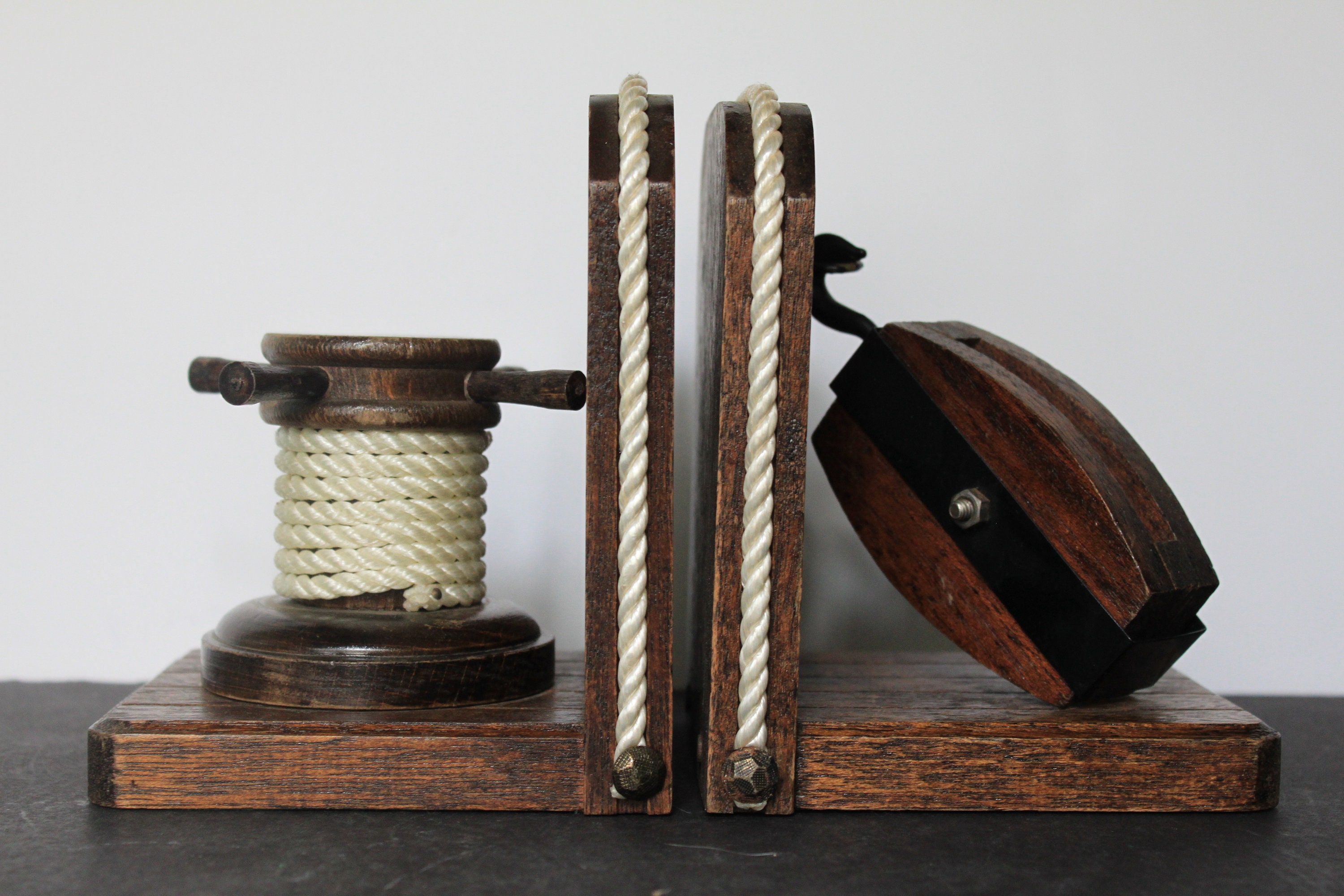 Vintage Ships Wheel & Pulley Book Ends. Wood, Cord, Nautical, Sea ...
