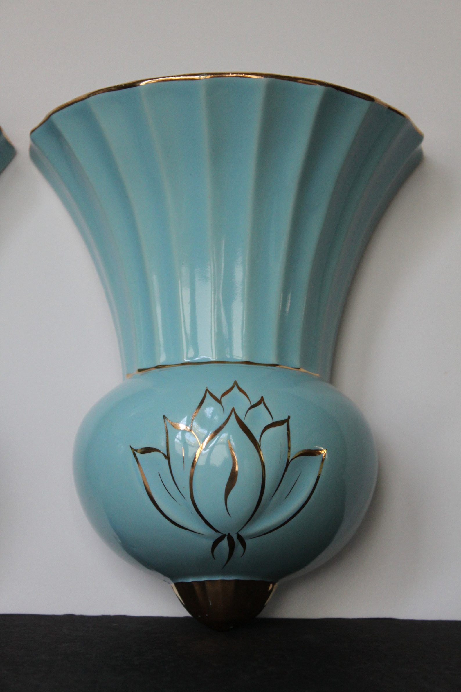Vintage Lotus Flower Wall Pockets. Turquoise Blue, Gold, Flared Top ...