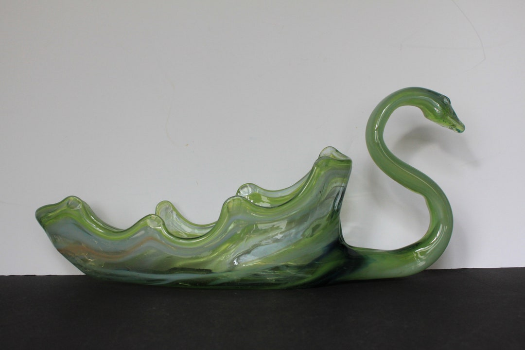 Green Glass Swan for Vintage Elegant Mantel Decor. Hand Blown Glass ...