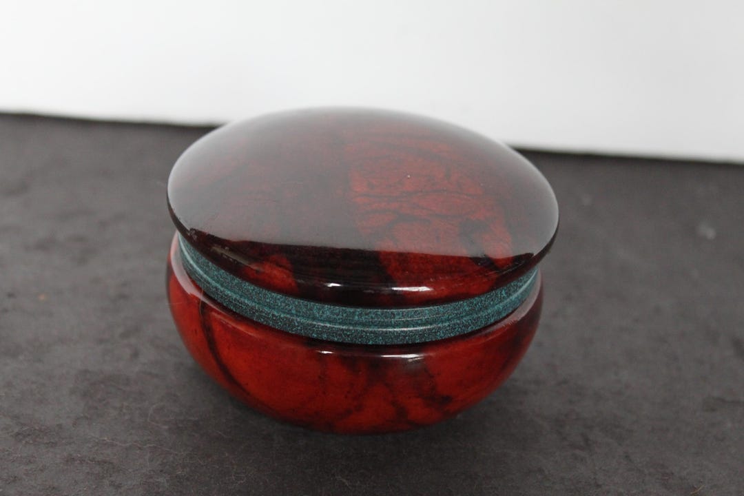 Vintage Red Alabaster Jewelry Box. Circle Shape, Hinged Lid, Made in ...