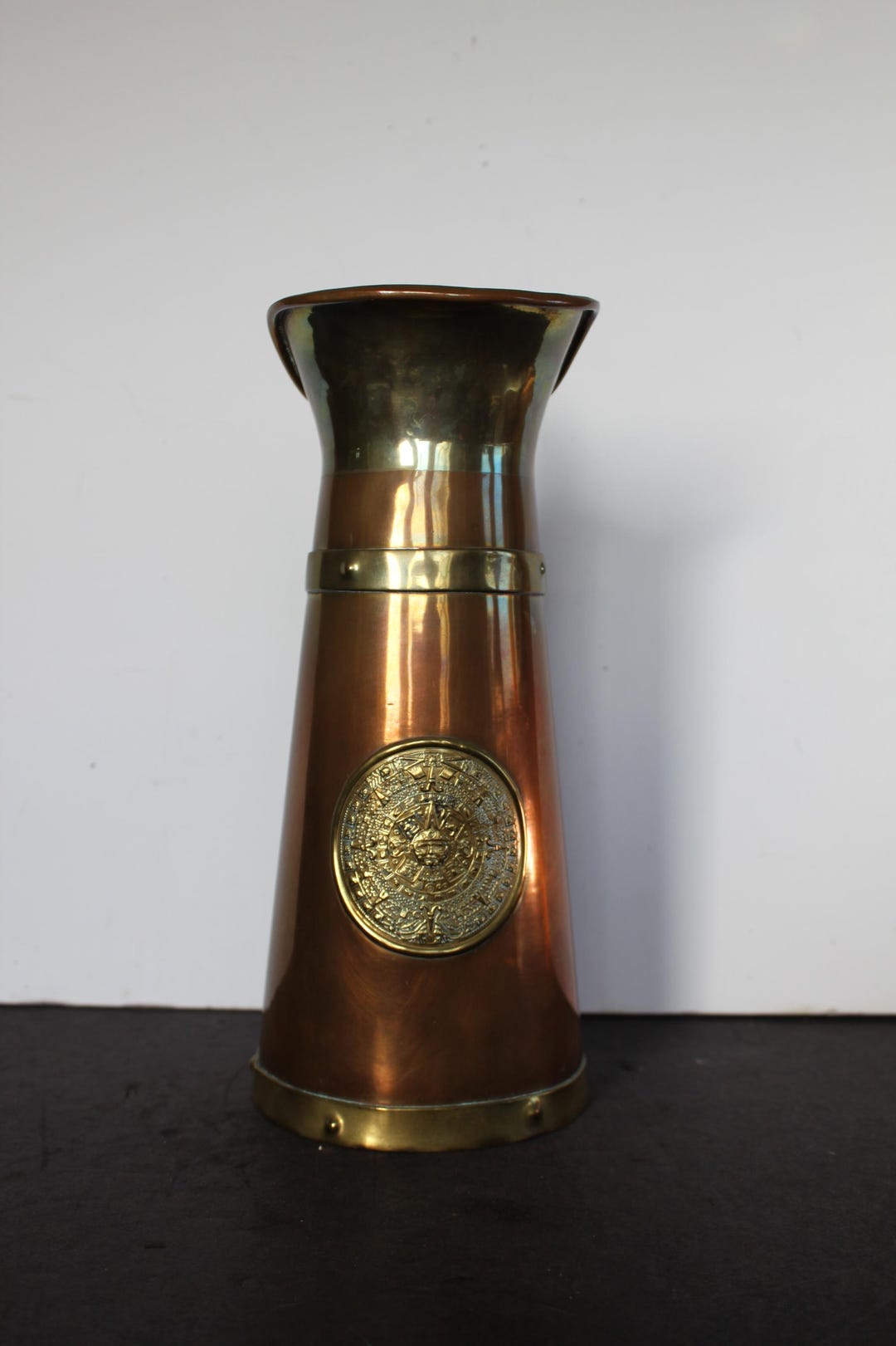 Vintage Copper and Brass Pitcher. Large Size, Aztec, Mayan Calendar ...