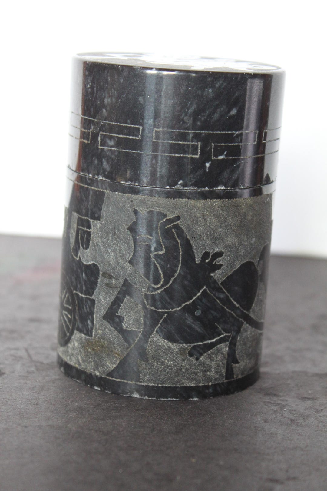 Vintage Black Marble Container. Engraved Horse and Chariot Rider ...