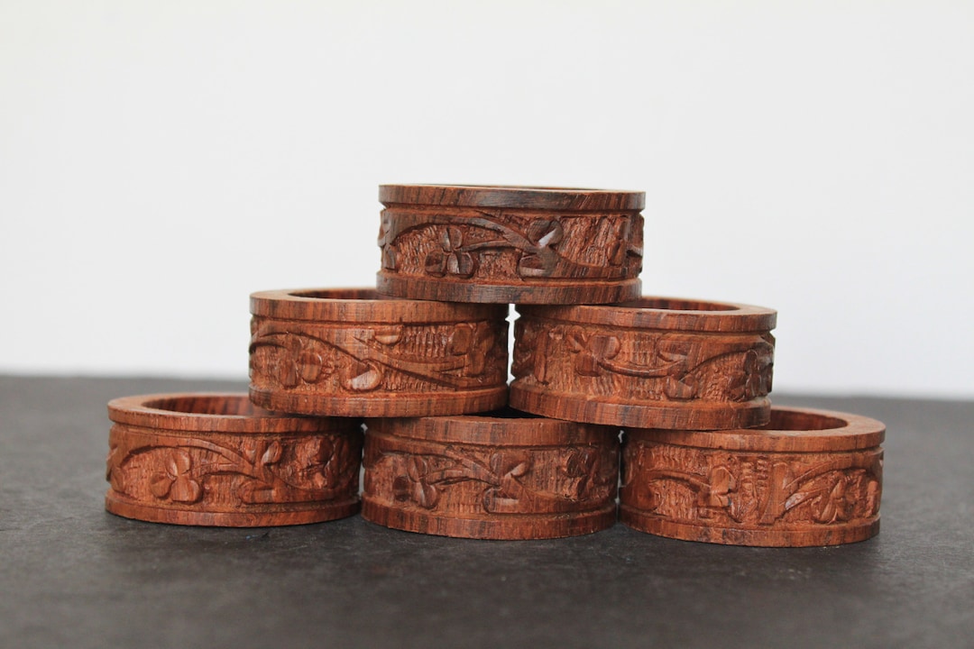 Vintage Carved Wooden Napkin Rings. Set of 6, Carved Clovers, Rustic ...