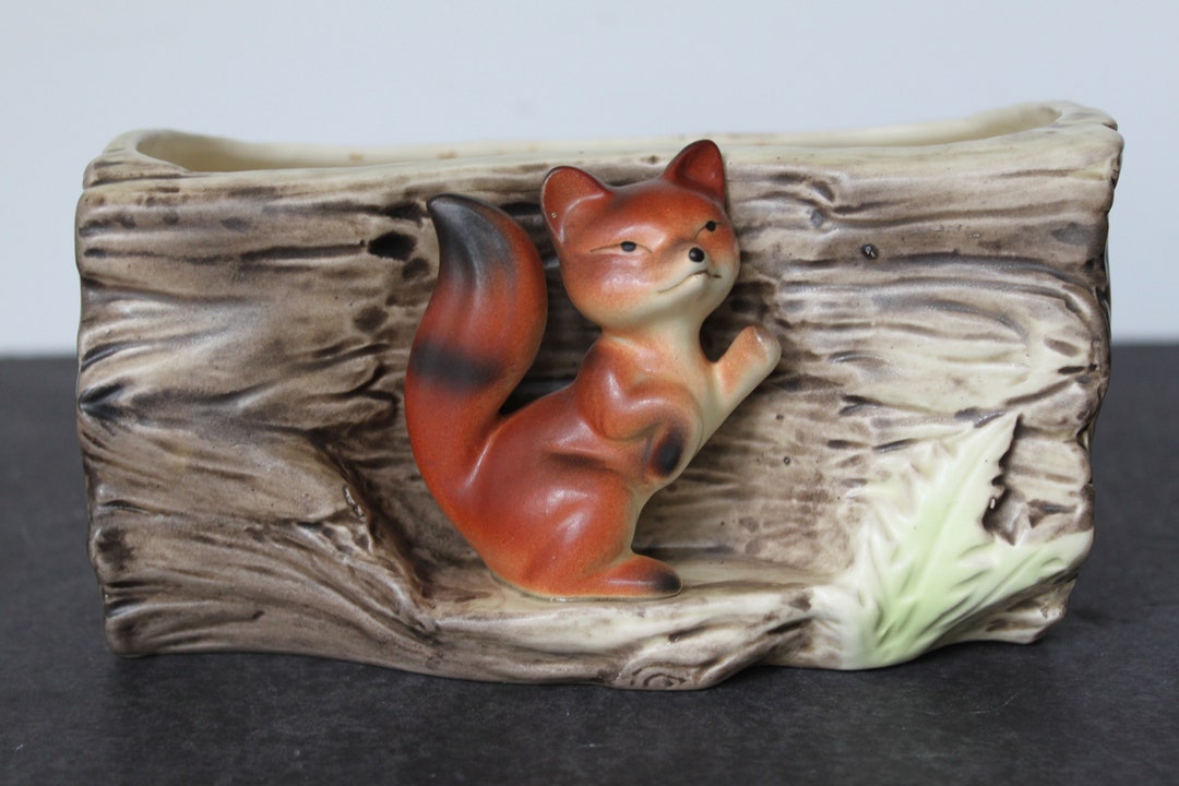 Vintage Fox Planter. Lefton, Ceramic, Cute Woodland Creature by Log ...