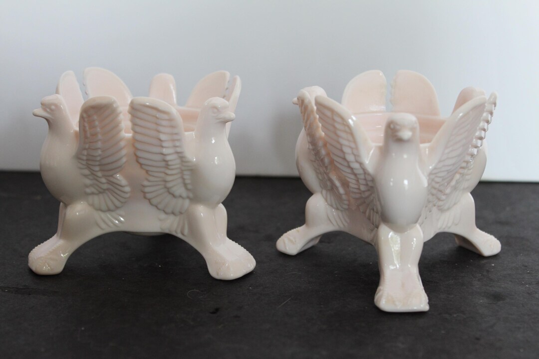 Vintage Pink Shell Milk Glass Dove Candlestick Holders. Jeanette, Mint ...