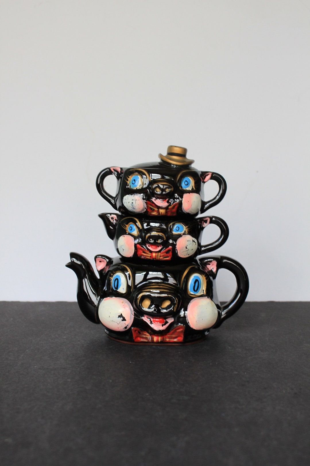 Redware Pig Tea Set for Vintage Rustic Kitchen Ware. Teapot, Sugar, and ...