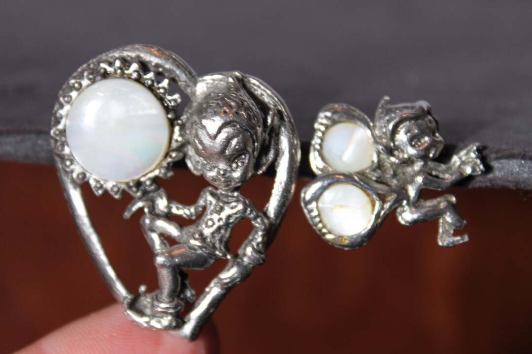 Vintage Fairy and Imp Brooch Pair. Silver Tone Metal, Mother of Pearl ...
