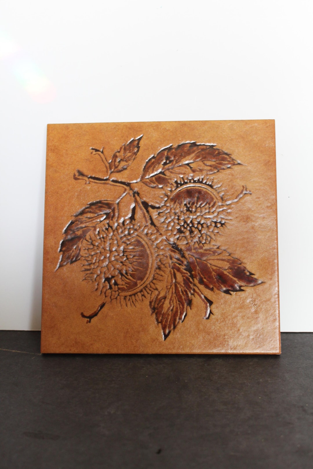 Vintage Chestnut Seed Pod Ceramic Tile. Brown Glaze, Made in Italy ...