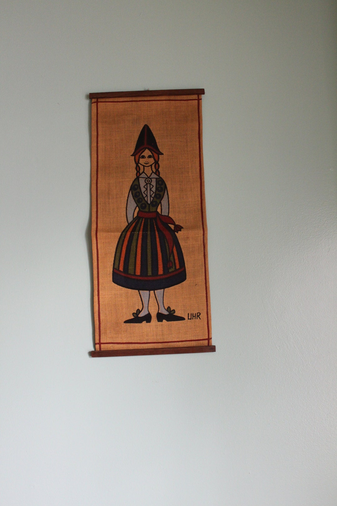 Vintage Swedish Jute Wall Hanging Pair. Burlap Wall Scrolls, Boy and ...