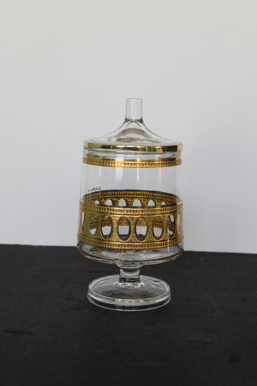 Vintage Gold and Glass Apothecary Jar. Culver Ltd, Antigua Pattern ...