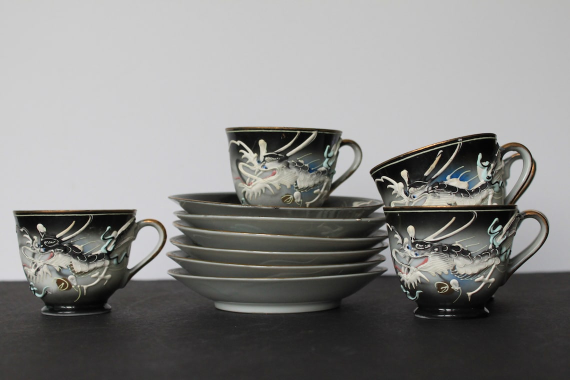 Japanese Dragon Tea Cups for Vintage Oriental Decor. Set of 6 | Etsy