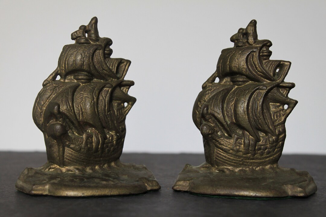 Vintage Brass Sailing Ship Book Ends. Cast Brass, Nautical Seaside ...