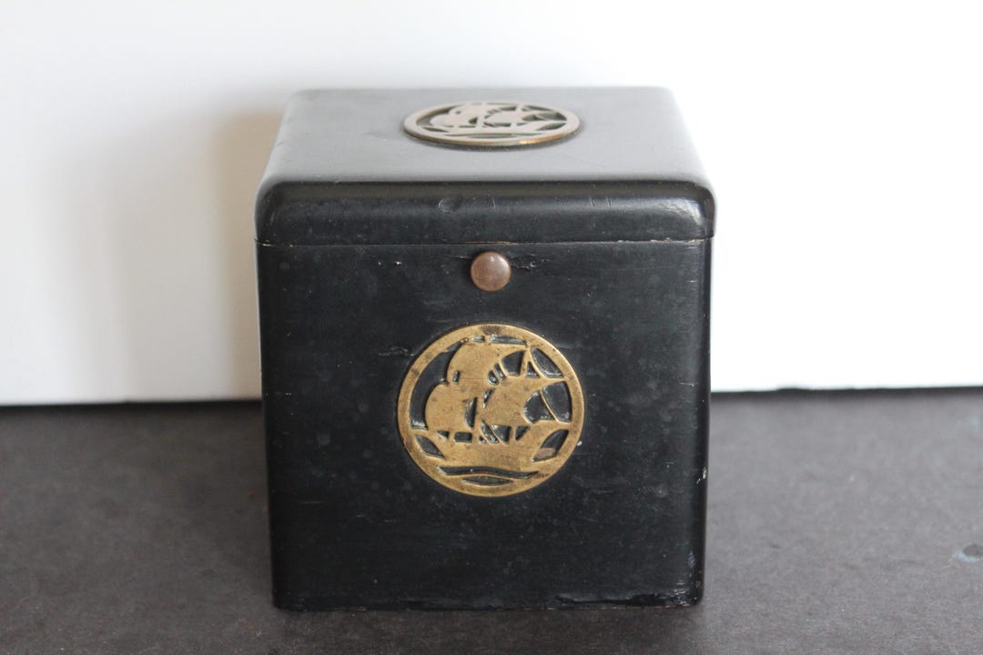 Vintage Sailing Ship Cigarette Box. Wood, Black Lacquer and Brass ...