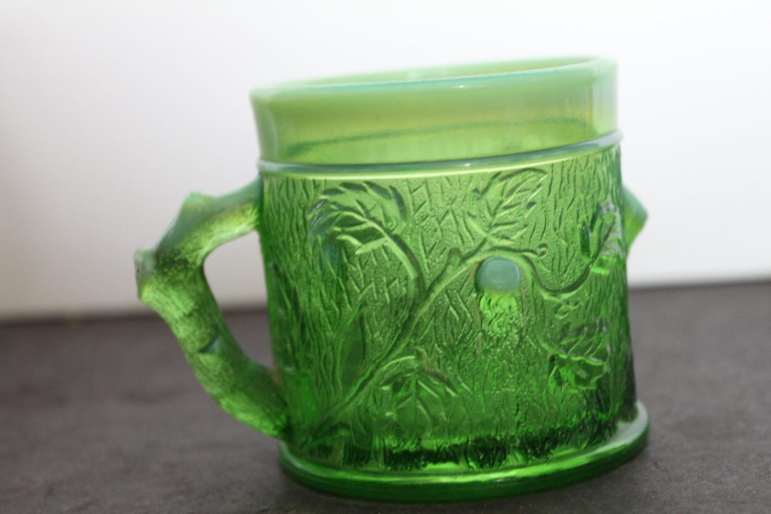 Vintage Green Opalescent Glass Mug. Tree Stump Mug, Knob Handle, Ferns ...