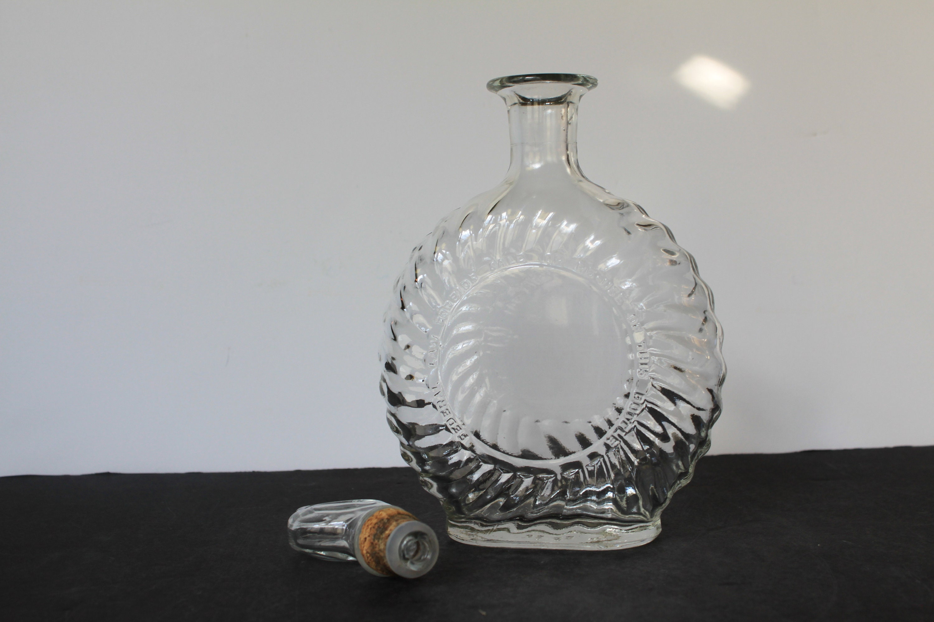 Vintage Glass Alcohol Decanter. Flat Circle, Unique Ripple Designs on ...