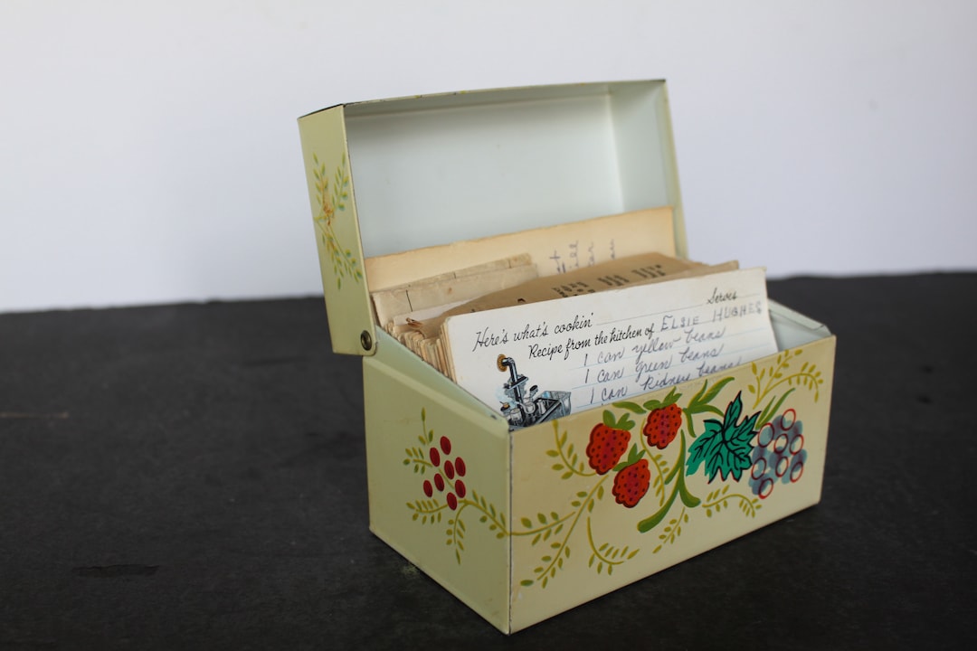 Vintage Recipe Box With Hand Written Cards. Tropical Fruit Tin W ...