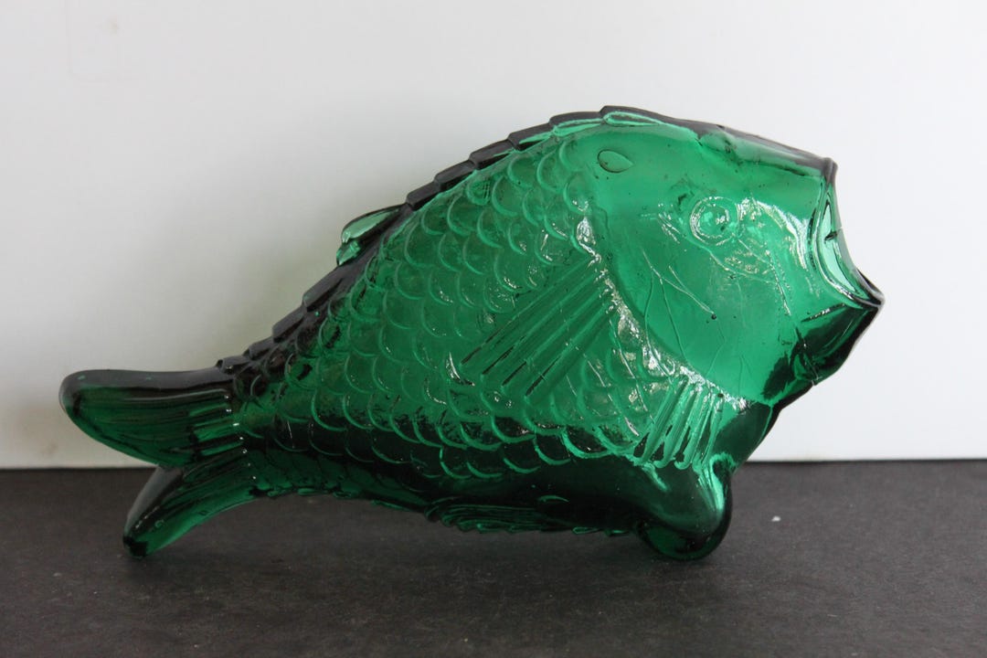 Vintage Green Glass Fish Vase. Open Mouth, Emerald Green Glass, Mint ...