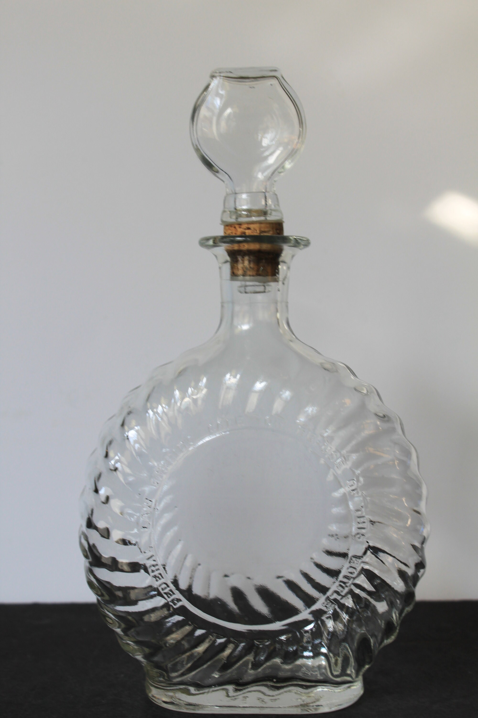Vintage Glass Alcohol Decanter. Flat Circle, Unique Ripple Designs on ...